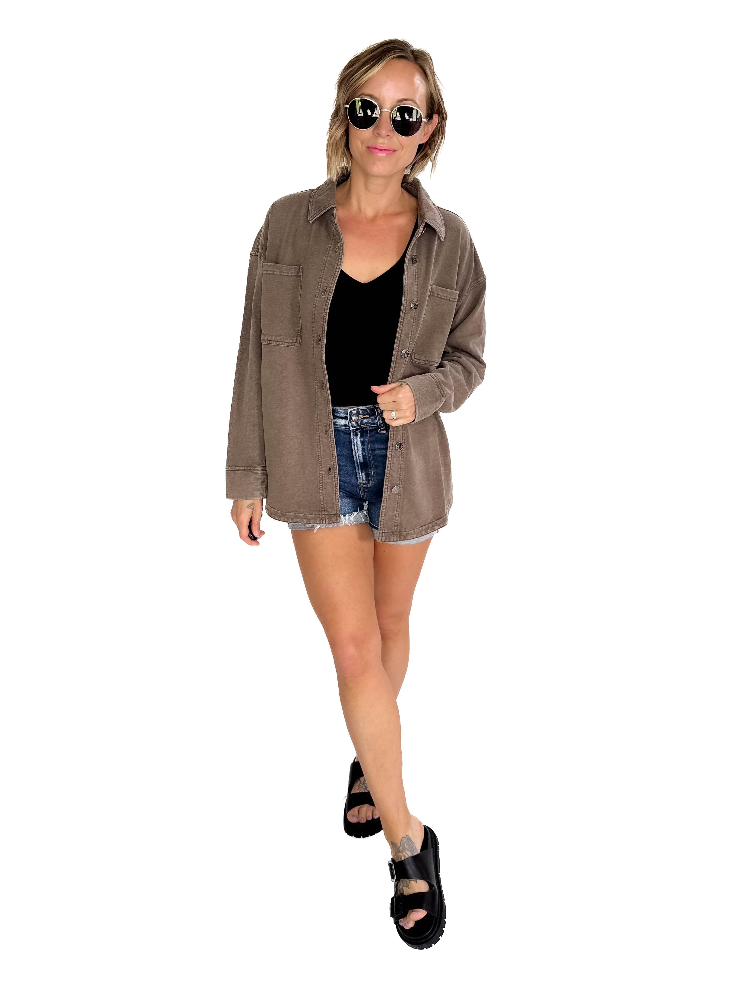 Bethany Washed French Terry Shacket- MOCHA – Timber + Gray