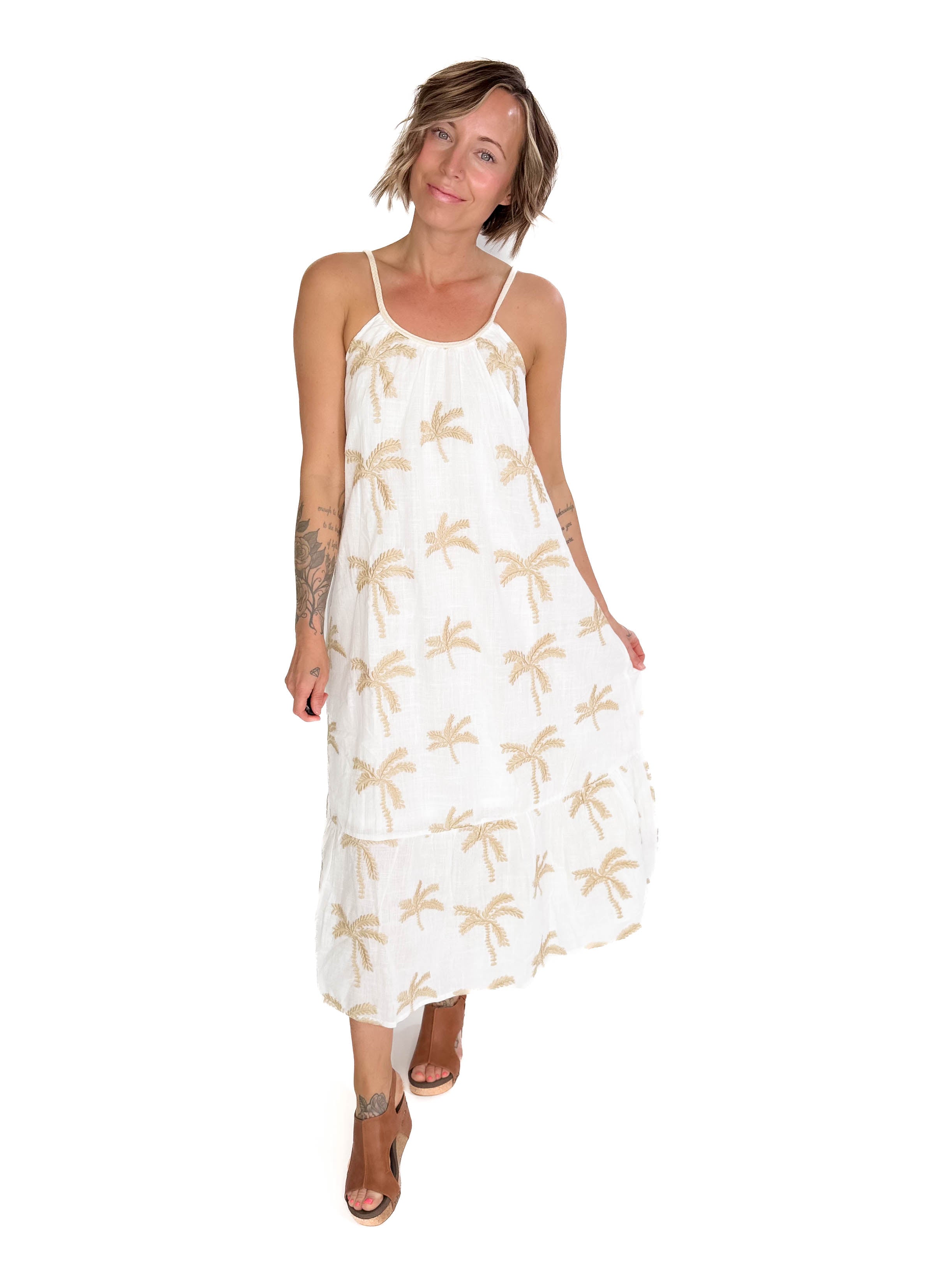 Tessa Palm Tree Midi Dress- OFF WHITE – Timber + Gray