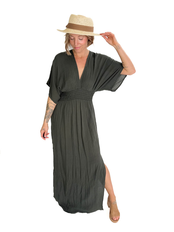 Breonna Boho Kimono Sleeve Maxi- ARMY GREEN - Timber + Gray